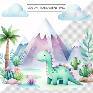 Cute Dinosaur Clipart PNG Bundle, Watercolor Dino Party, Colorful ...