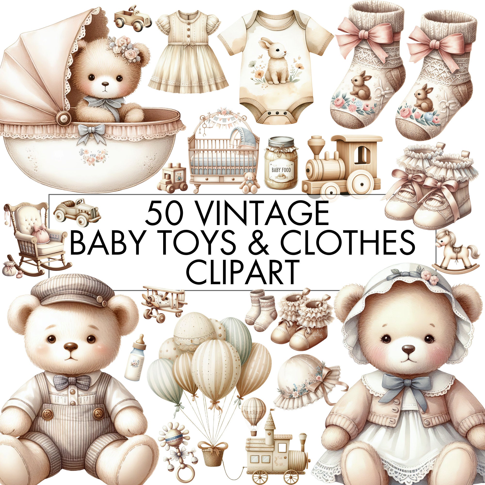 Vintage Baby Toys and Clothes Clipart Bundle, Teddy Bear, Wooden Toy ...