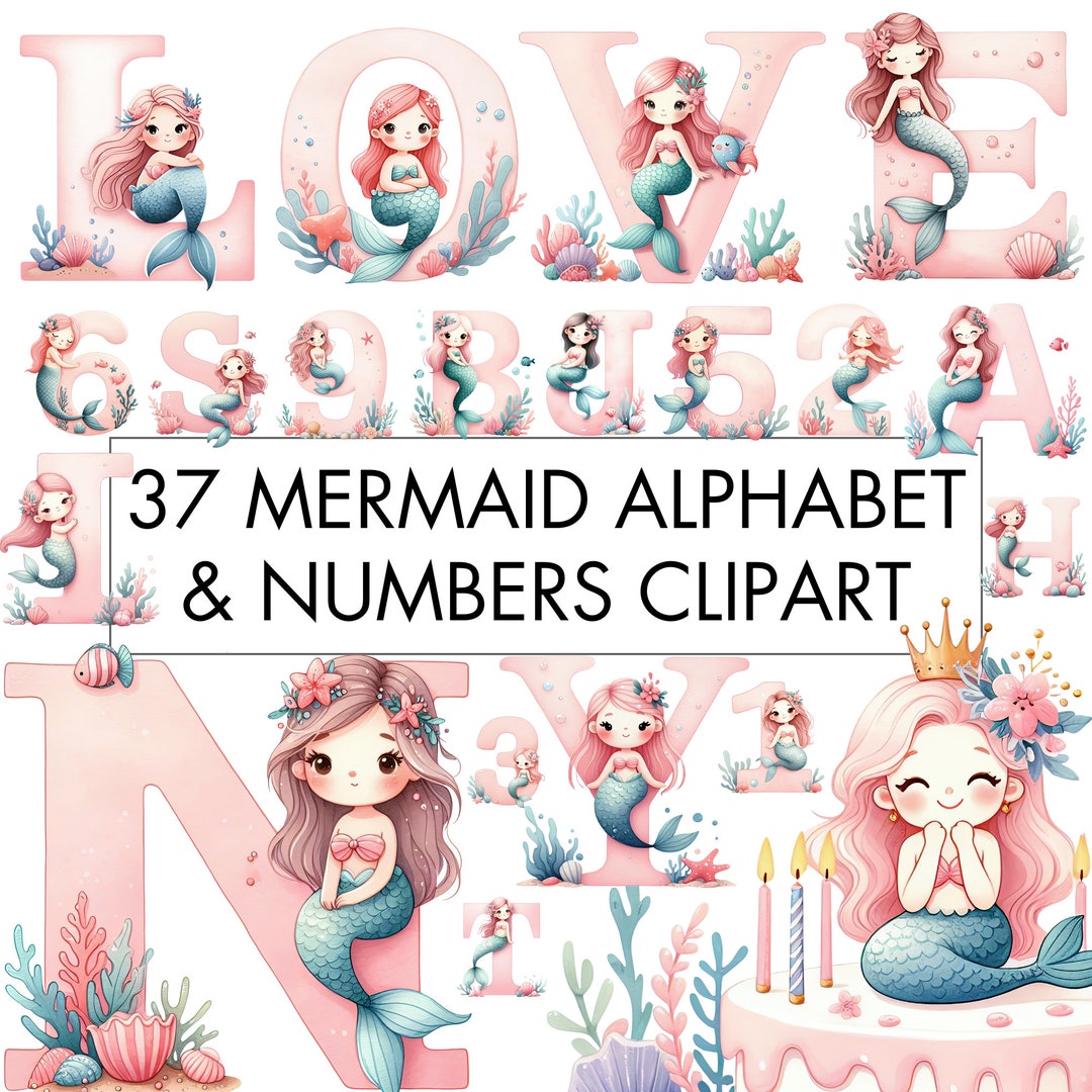Watercolor Mermaid Alphabet Clipart: Pink ABC Numbers (digital Download ...