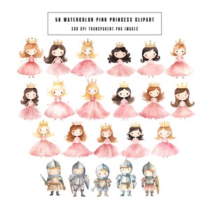 Watercolor Pink Princess Clipart Bundle: Castle, Knight, Carriage (58 ...