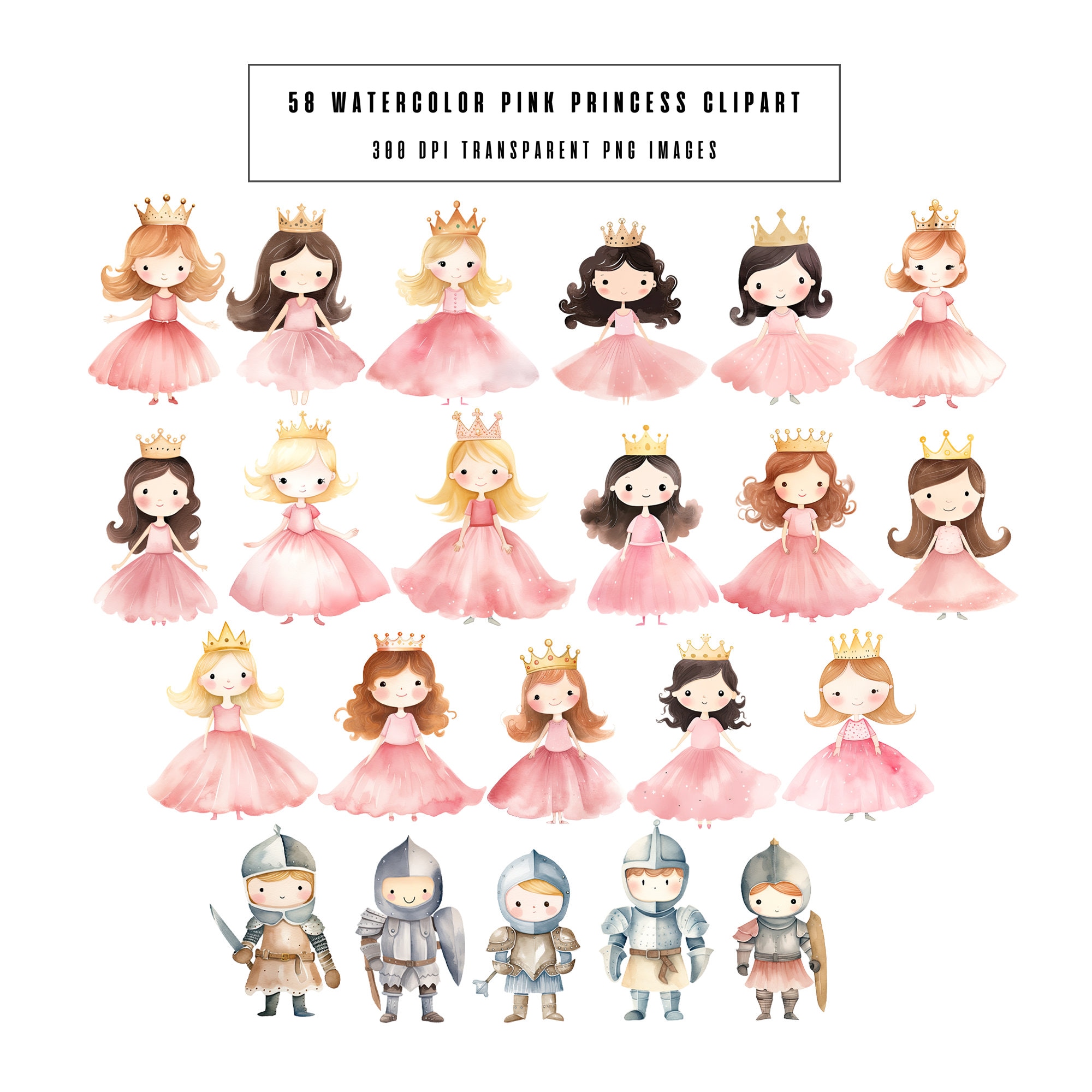Watercolor Pink Princess Clipart Bundle, Watercolor Cute Princess ...