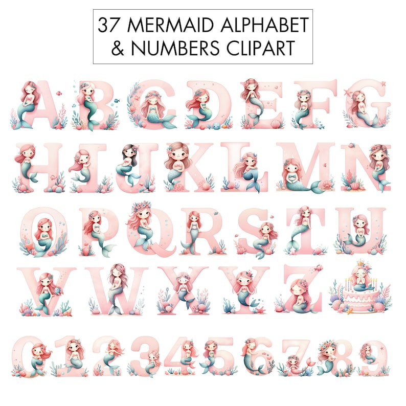 Watercolor Mermaid Alphabet Clipart: Pink ABC Numbers (digital Download ...