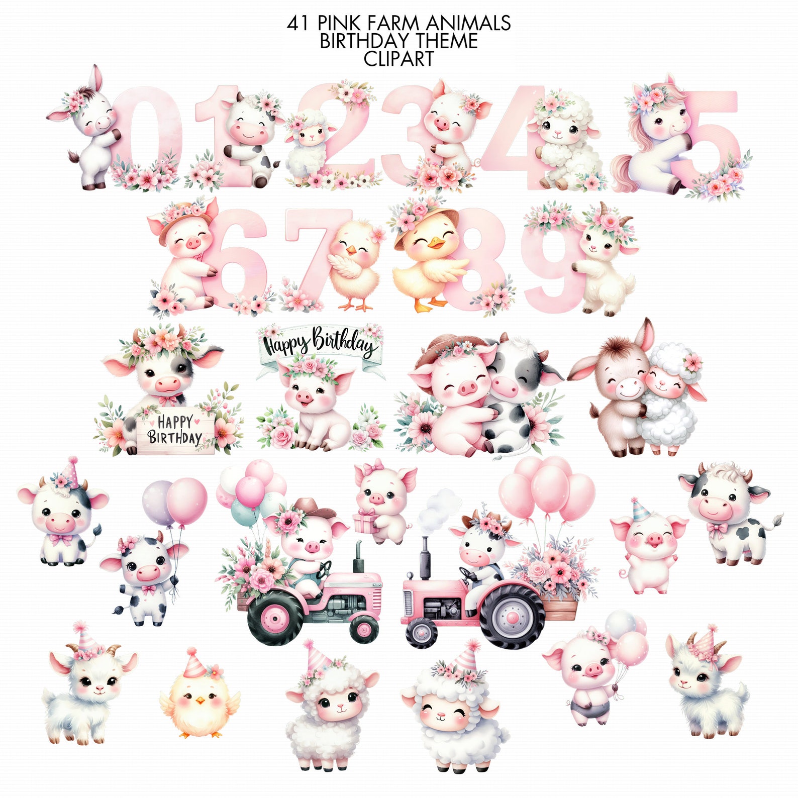 Pink Farm Animals Clipart Set: Birthday Party PNG Graphics (digital ...