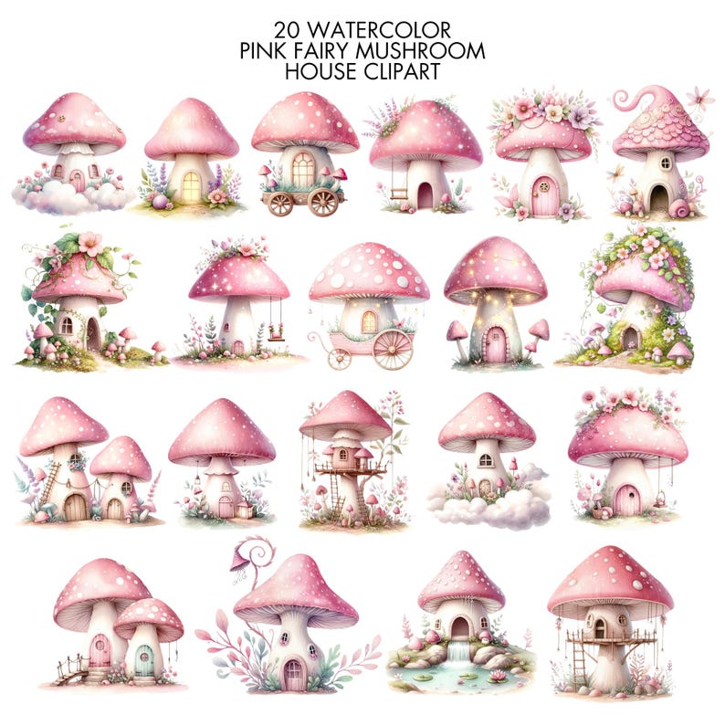 Watercolor Pink Fairy Mushroom House Clipart: PNG Bundle (digital ...