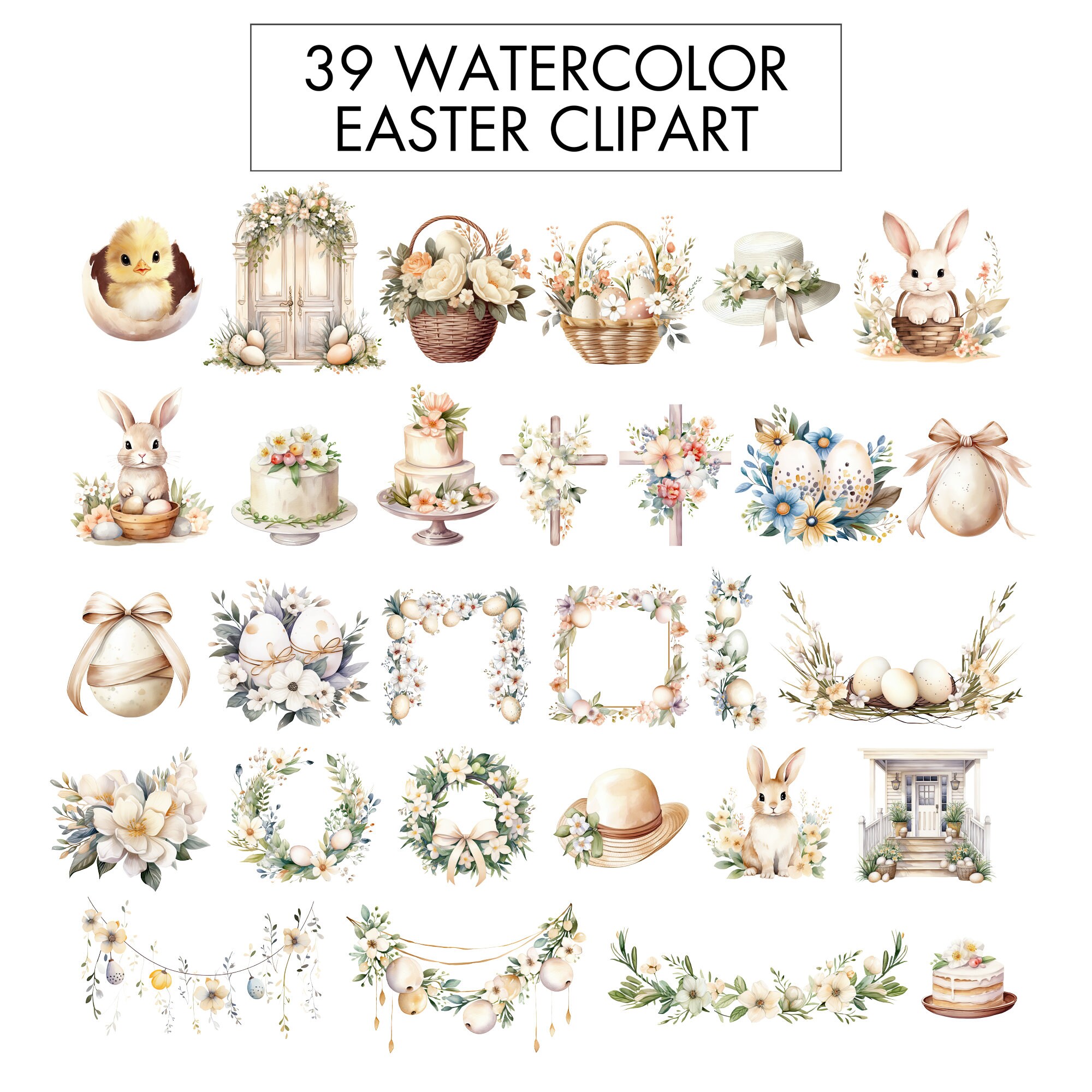 Watercolor Easter Clipart Bundle: Bunny, Eggs, Garland (PNG, Commercial ...