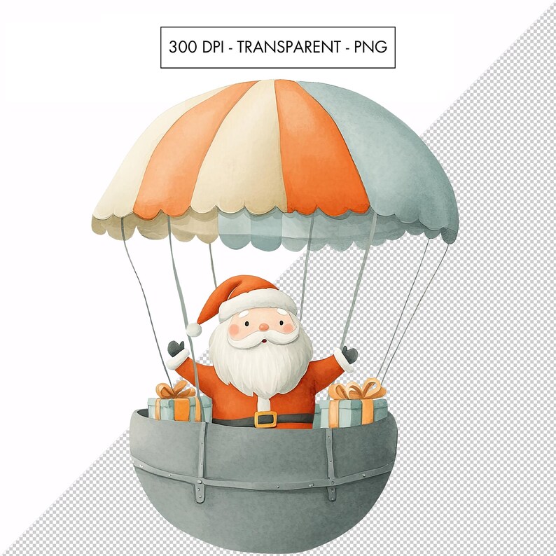 Watercolor Santa Hot Air Balloon Clipart Bundle: 38 PNG Christmas ...