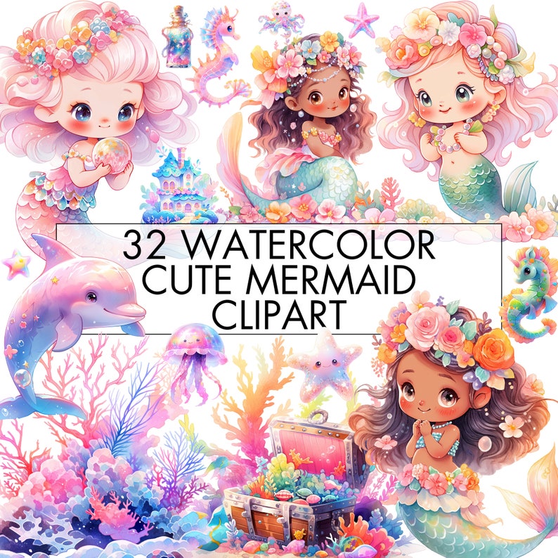 Mermaid Clipart Bundle, Watercolor Cute Mermaid Clipart, Cute Sea ...