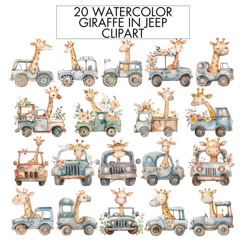 Watercolor Giraffe in Jeep Clipart Bundle, Giraffe in Safari Truck Png ...