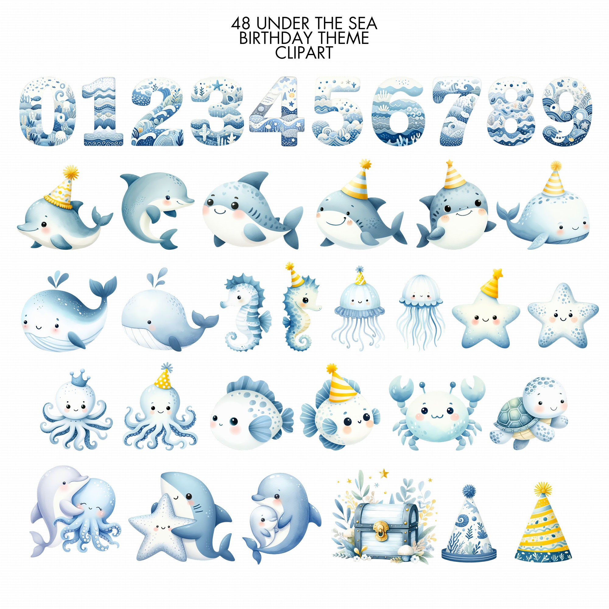 Under the Sea Birthday Clipart Bundle: Watercolor Ocean Animals ...