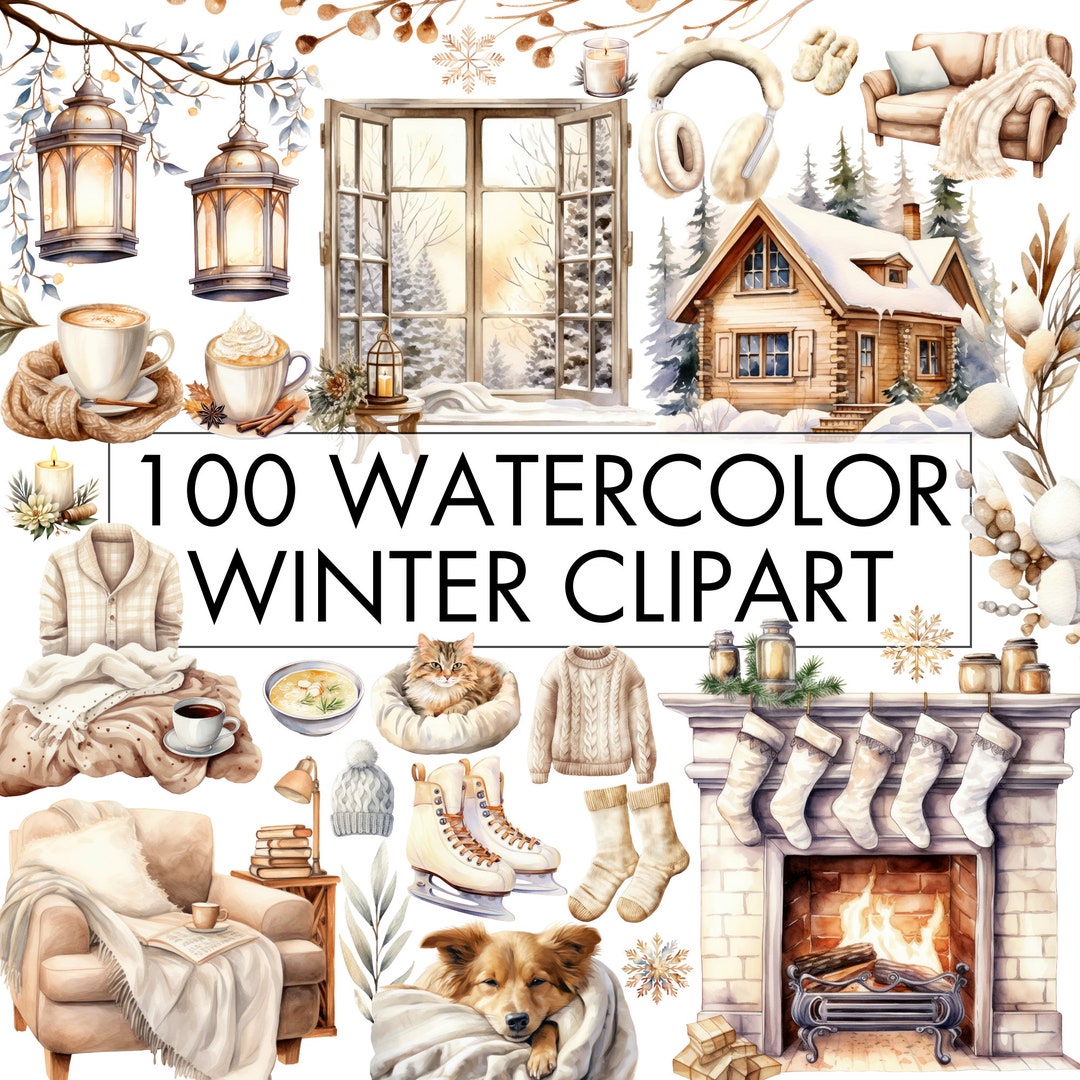 100 Watercolor Cozy Winter Clipart, Hygge Winter Clipart, White Winter ...
