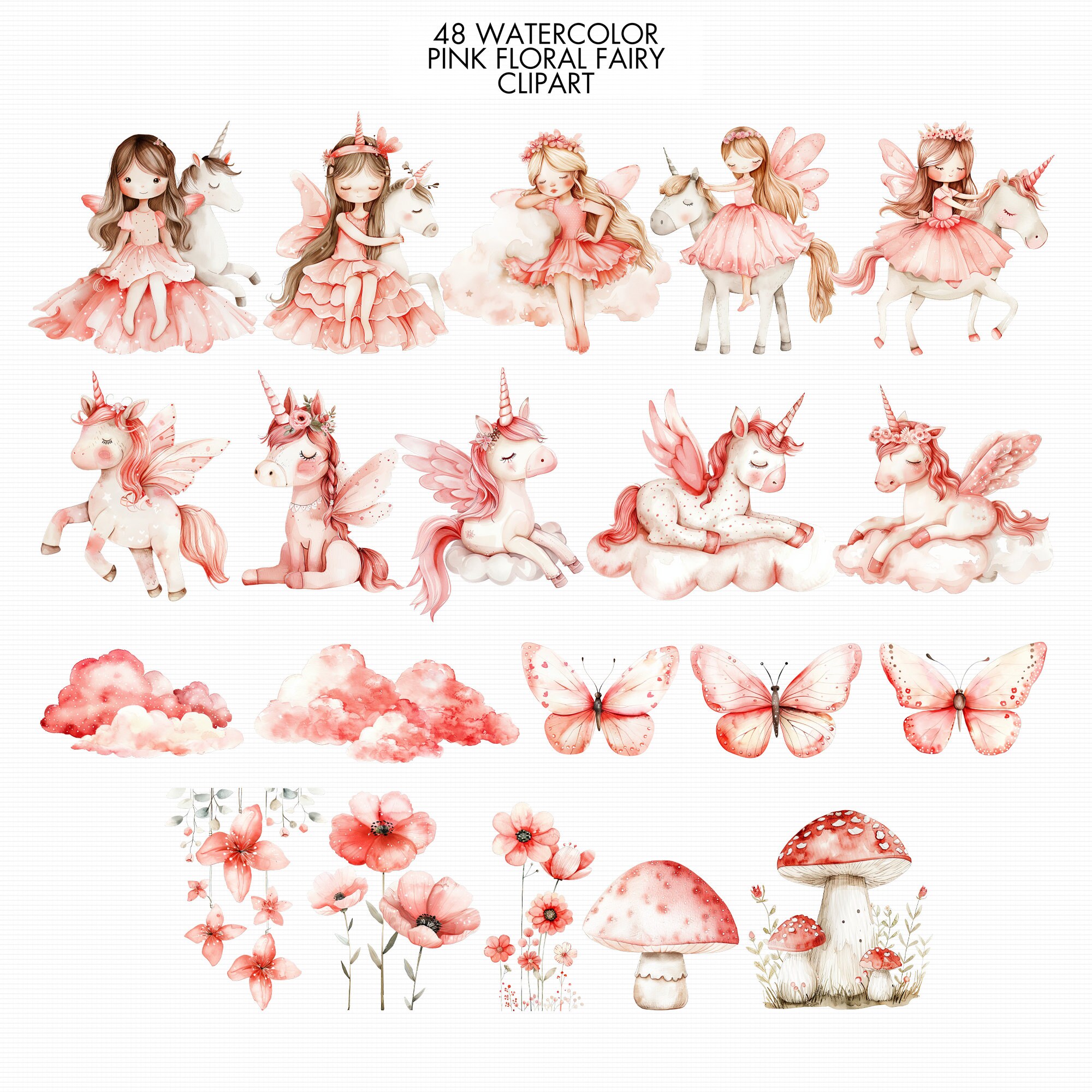 Watercolor Fairy Clipart: Pink Floral Unicorns, Butterflies (48 PNG ...
