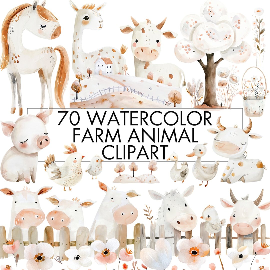 Watercolor White Farm Animals Clipart Bundle, Cute Farm Animals PNG ...