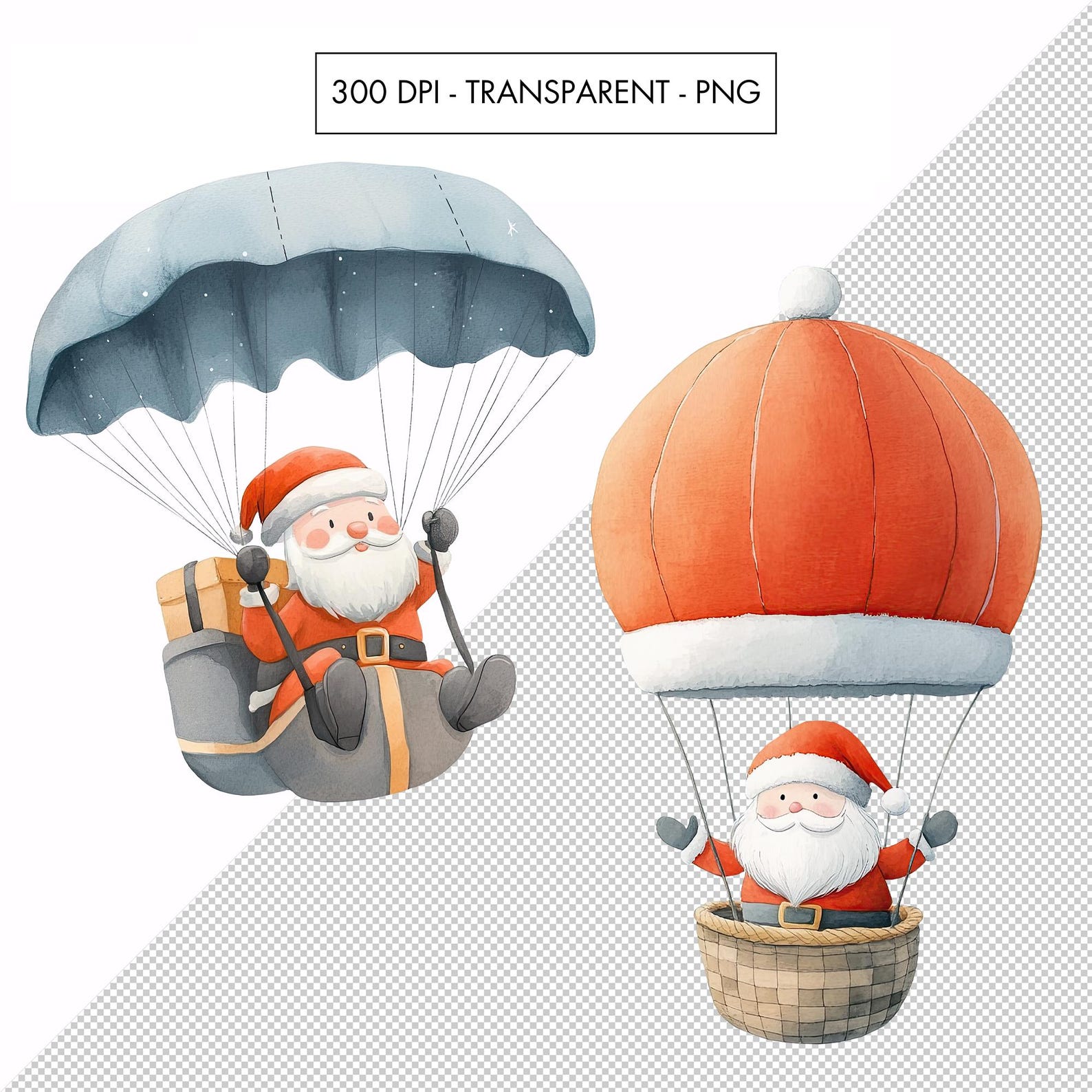 Watercolor Santa Hot Air Balloon Clipart Bundle: 38 PNG Christmas ...