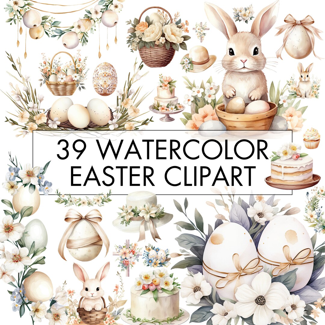 Watercolor Easter Clipart Bundle: Bunny, Eggs, Garland (PNG, Commercial ...