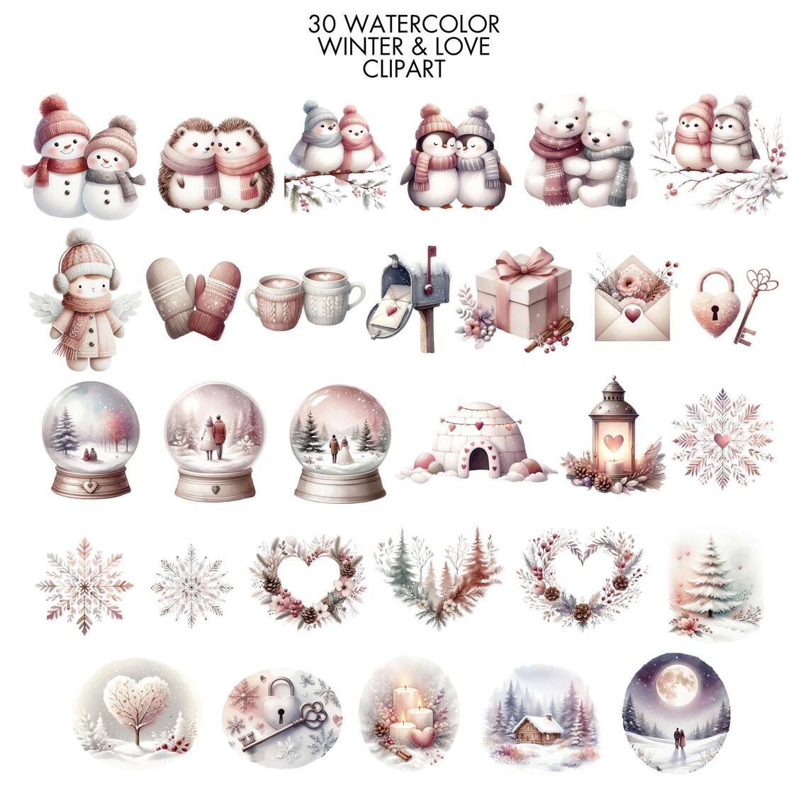 Watercolor Winter Love Clipart Bundle: Cozy Valentines PNG (digital ...