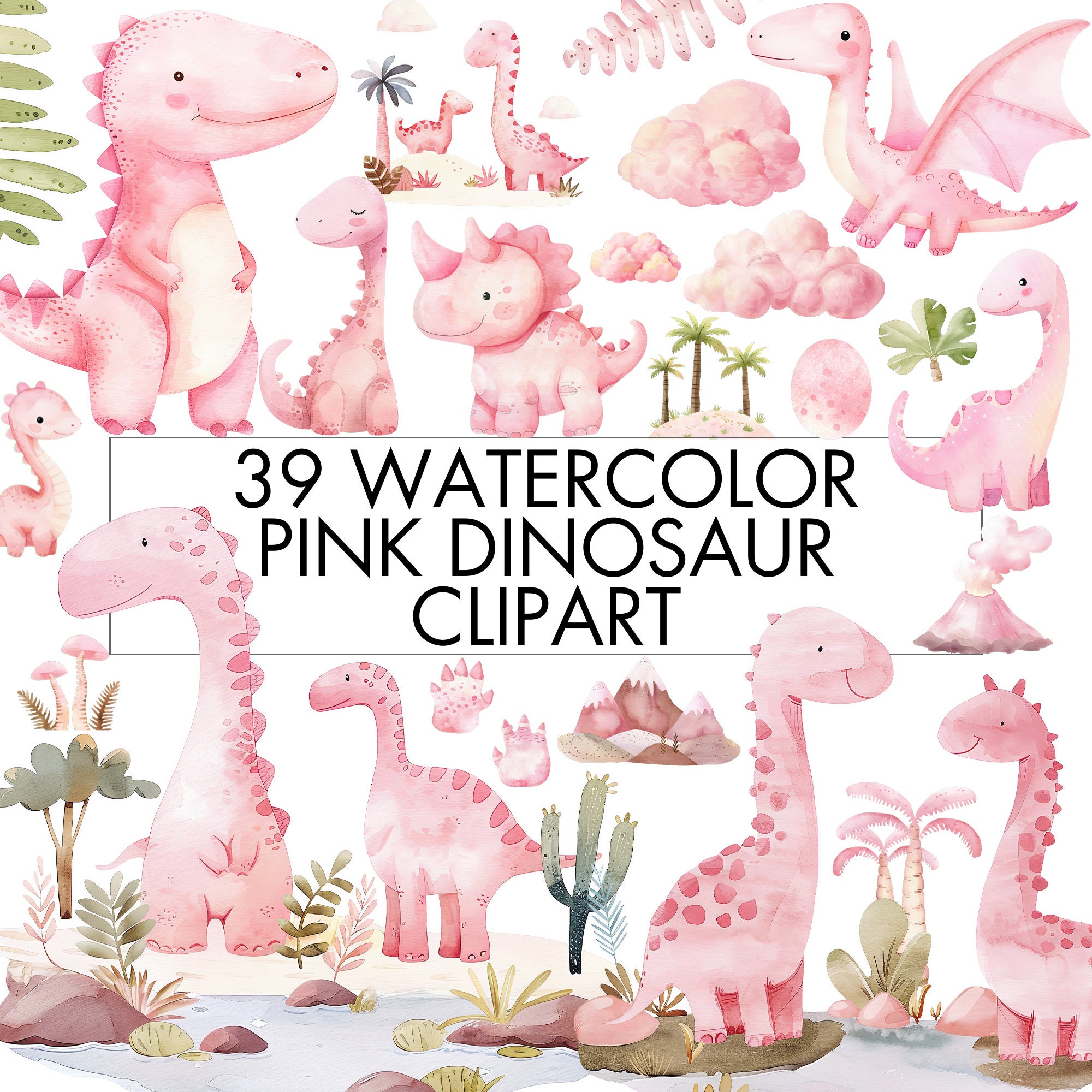 Pink Dinosaur Clipart, Watercolor Dino Clipart PNG Bundle, T-rex PNG ...