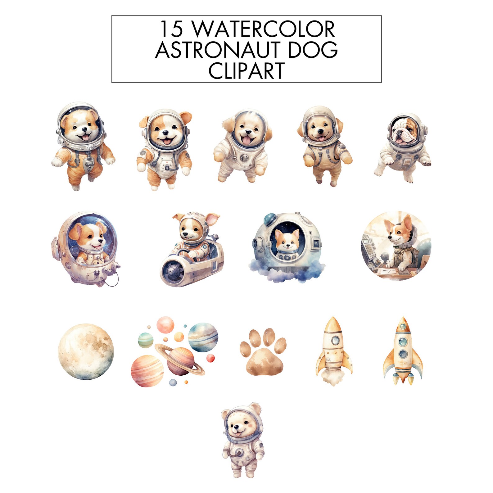 Astronaut Dog Clipart, Watercolor Cute Astronaut Dog Clipart Bundle ...