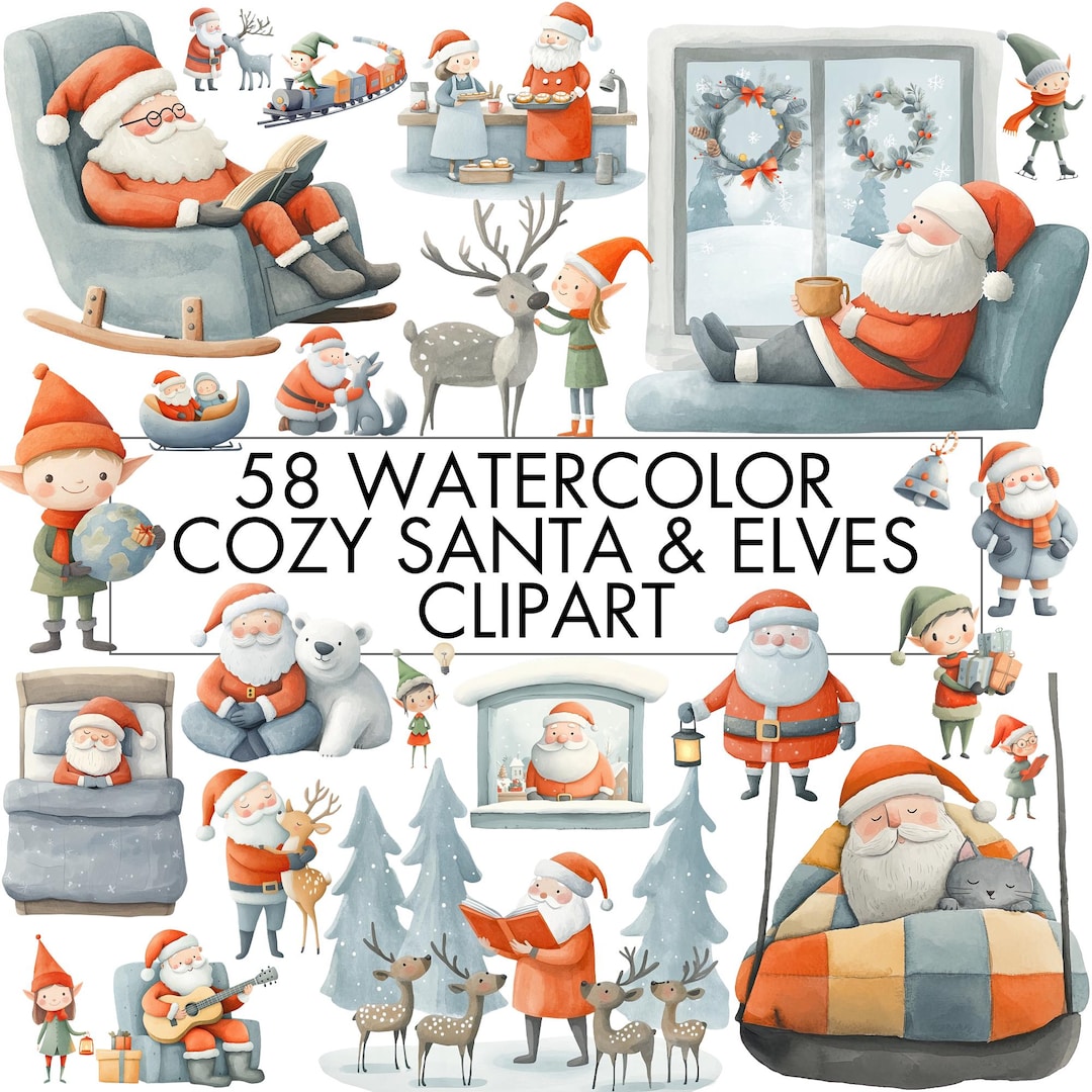 Watercolor Christmas Clipart Bundle: Cozy Santa and Elves (PNG ...