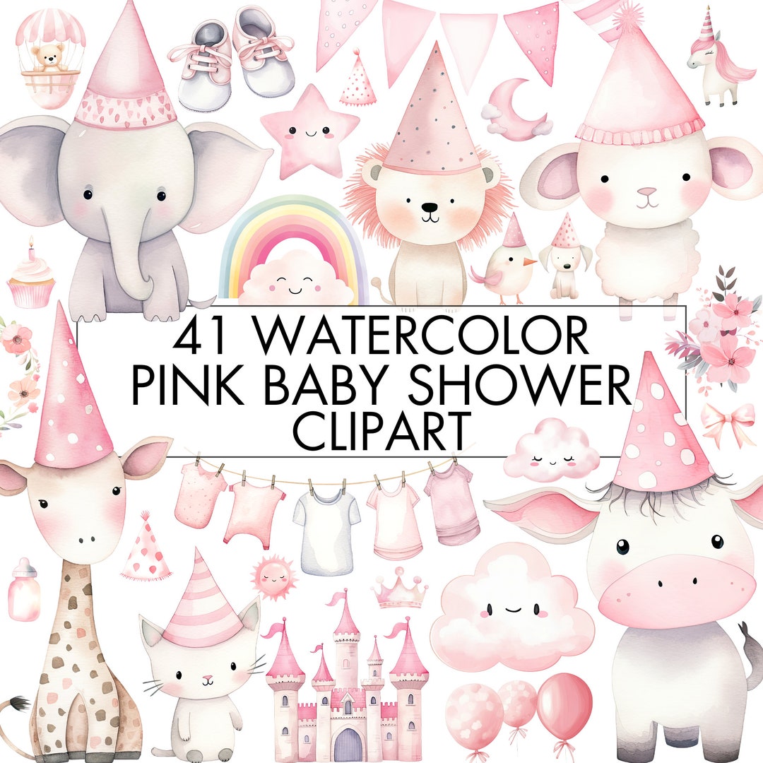 Cute Pink Baby Shower Clipart Bundle, Watercolor Pink Baby Shower ...
