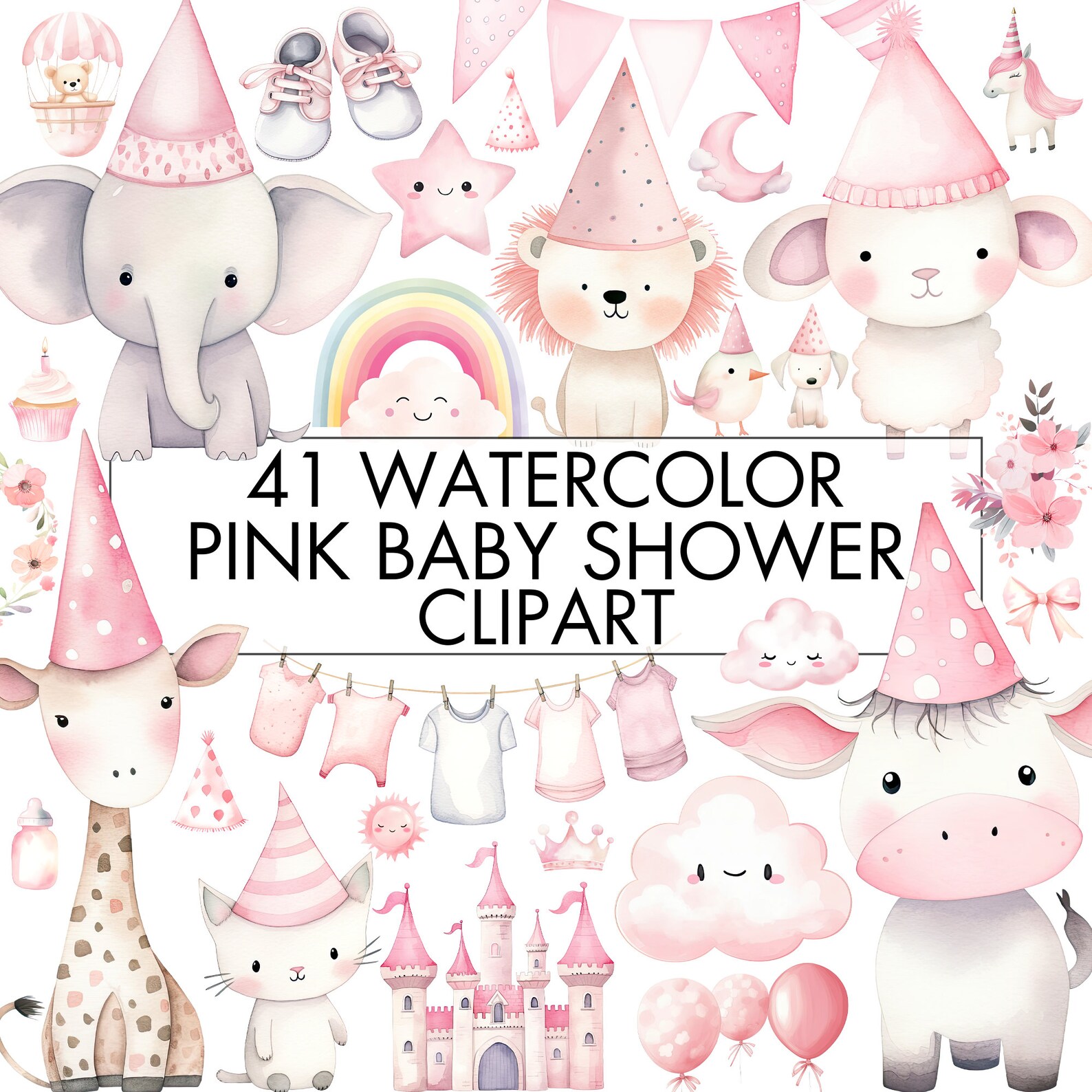 Cute Pink Baby Shower Clipart Bundle, Watercolor Pink Baby Shower ...