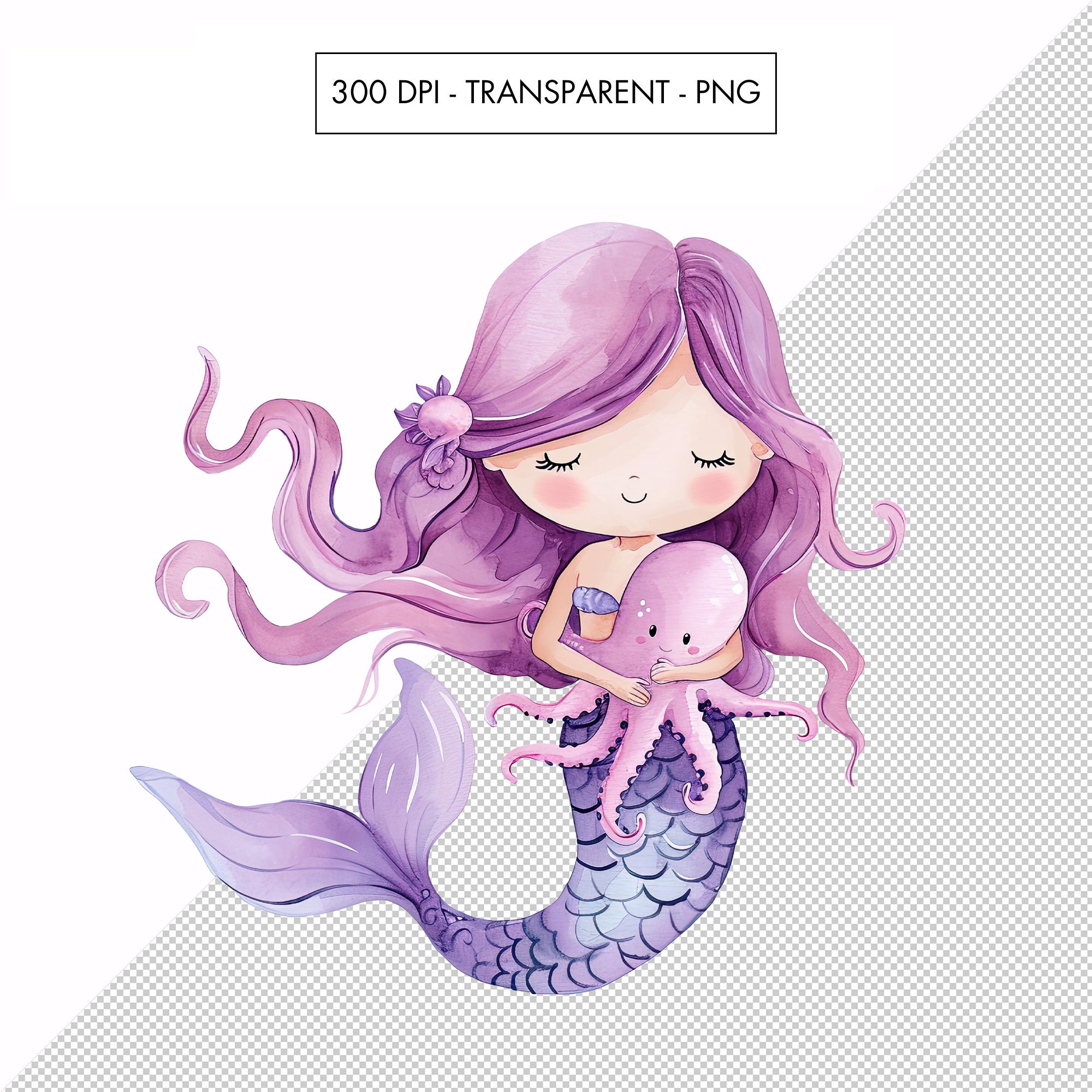 Watercolor Mermaid Clipart Bundle, Sea Animals PNG Files (commercial ...
