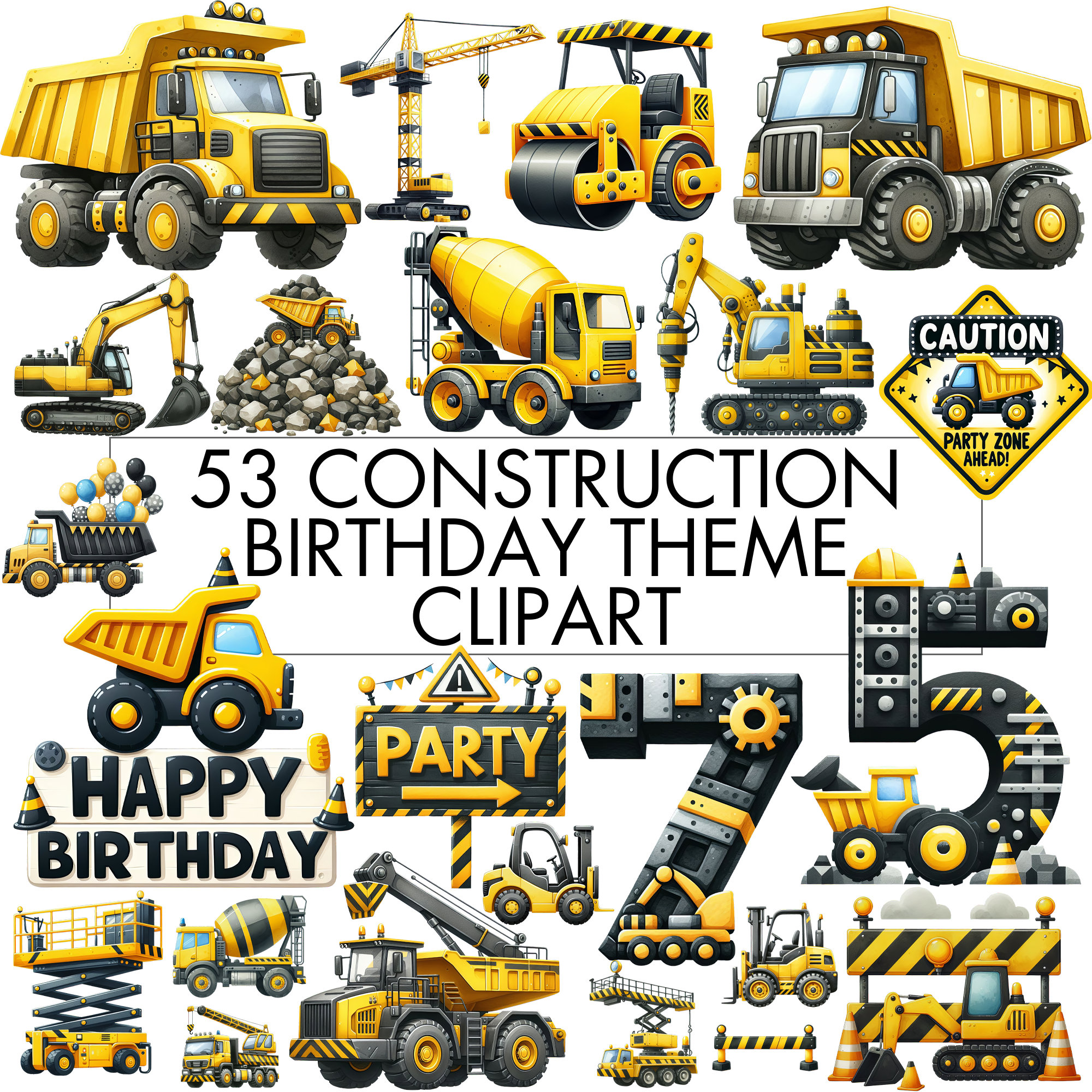 Construction Birthday Party Clipart Bundle With 0-9 Numbers, Trucks ...
