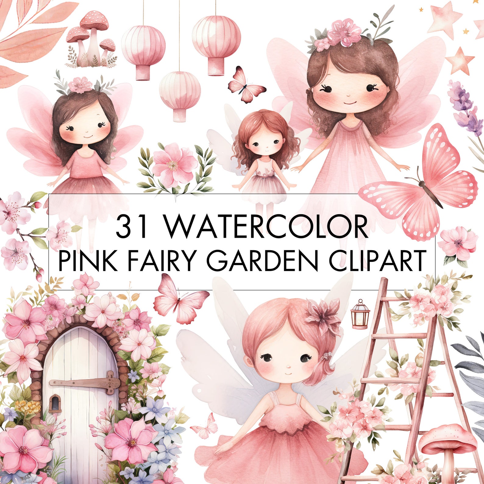 Watercolor Pink Fairy Garden Clipart Bundle, Pink Butterfly, Pink Flowers, Pink Floral Clipart ...