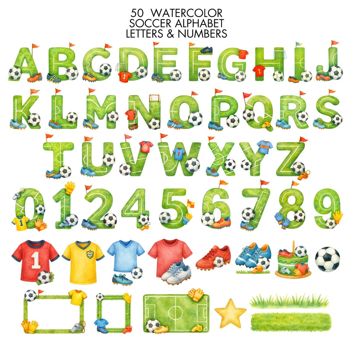 Watercolor Soccer Alphabet Clipart: PNG Letters & Numbers (digital ...