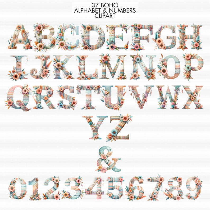 Boho Letters and Numbers Clipart PNG Bundle, A-Z Letters, 0-9 Numbers ...