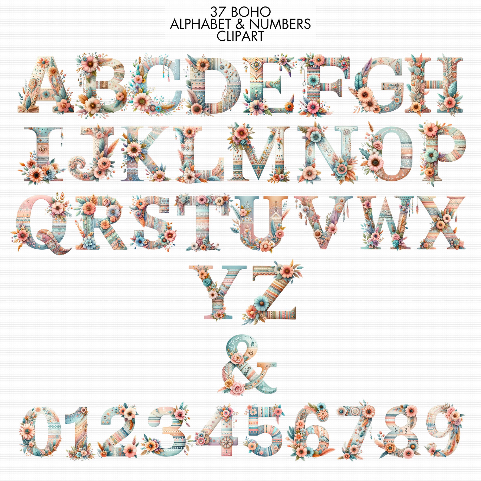 Boho Letters and Numbers Clipart PNG Bundle, A-Z Letters, 0-9 Numbers ...