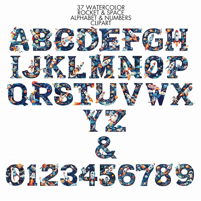 Watercolor Space Alphabet Clipart: Rocket & Astronaut Letters (digital ...