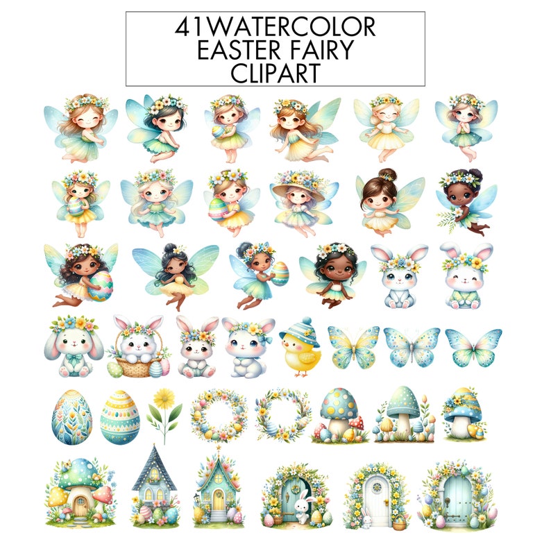 Watercolor Easter Fairy Clipart Bundle: Bunny, Eggs, Garden (PNG ...