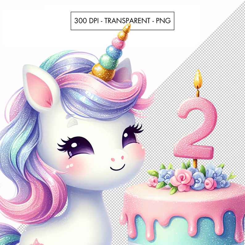 Glittery Birthday Unicorn Clipart Bundle, Birthday Unicorn PNG, Cute ...