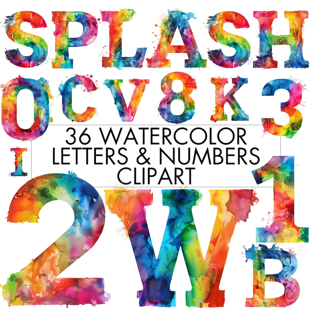 Watercolor Splash Letters Numbers Clipart Bundle, Colorful Splash ...