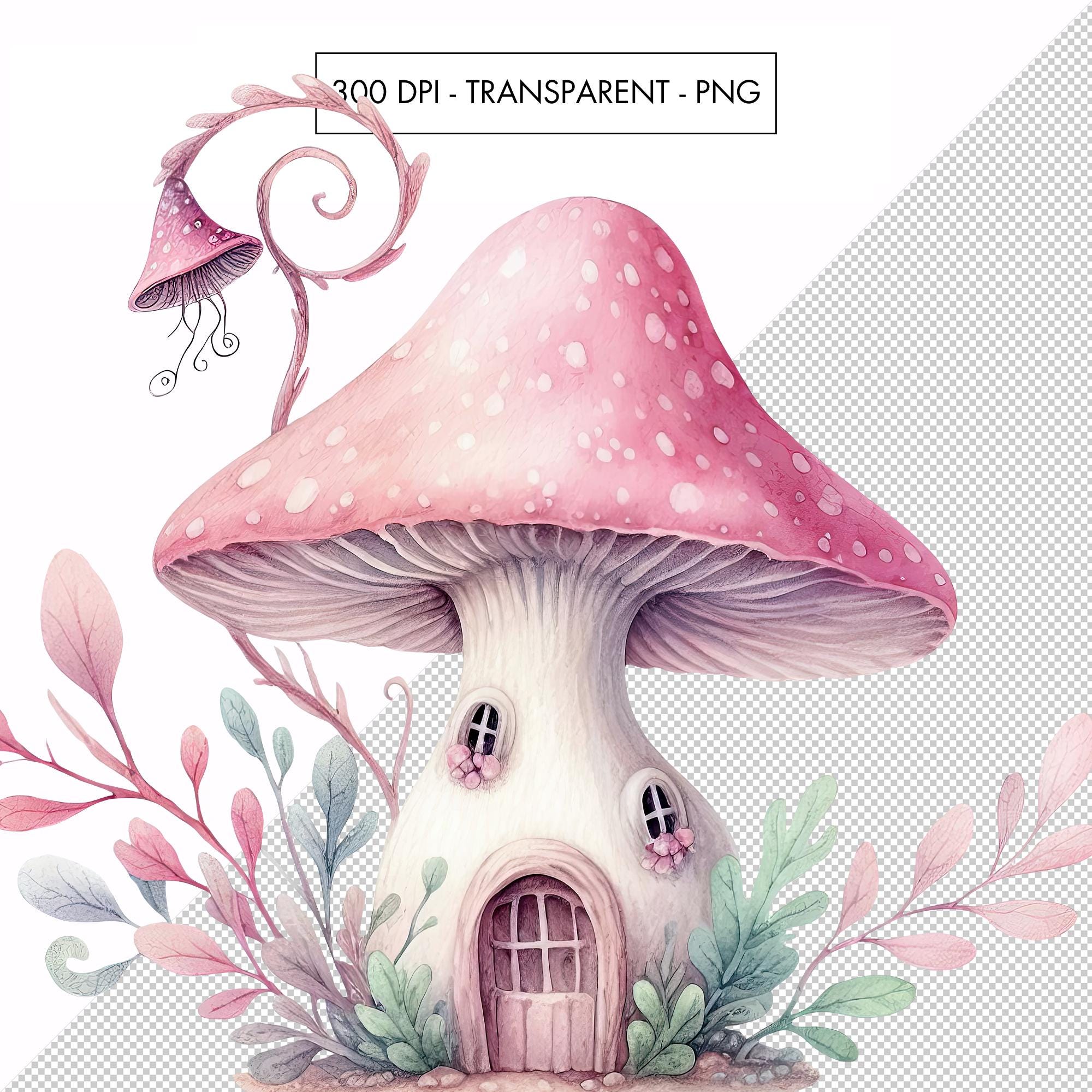 Watercolor Pink Fairy Mushroom House Clipart: PNG Bundle (digital ...