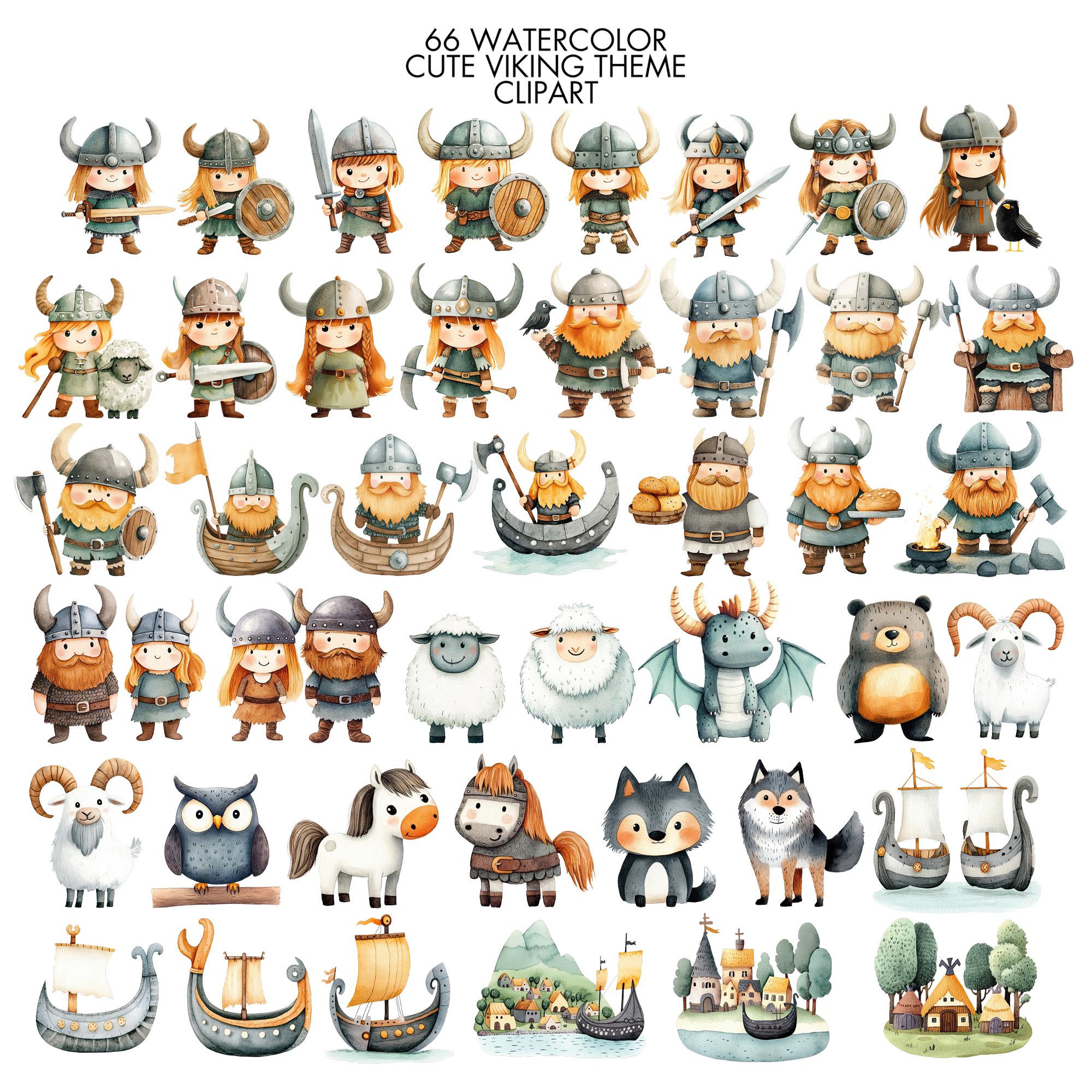 Watercolor Cute Vikings Clipart Bundle, Boy and Girl Viking Png ...