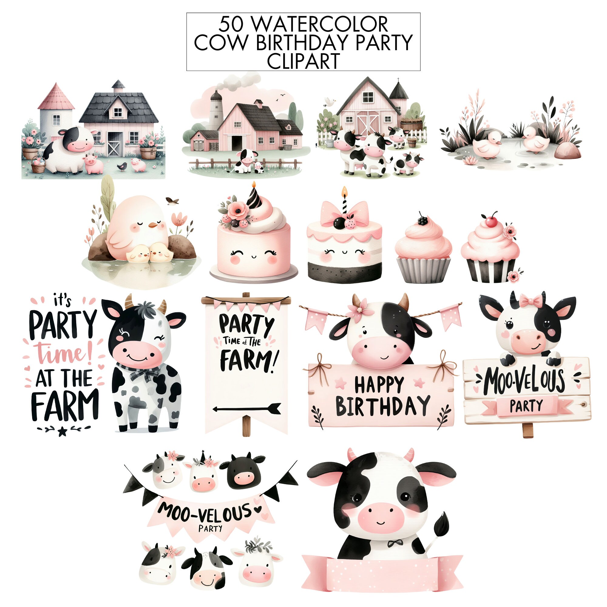 Watercolor Cow Birthday Clipart Bundle: 50 PNG Files (digital Download ...