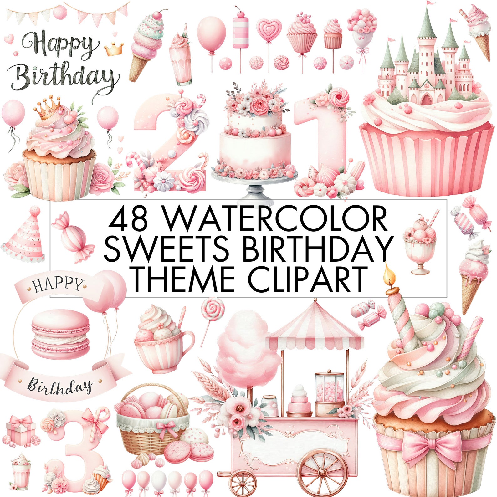Pink Sweets Birthday Clipart PNG Bundle and 0-9 Sweet Numbers, Candy ...