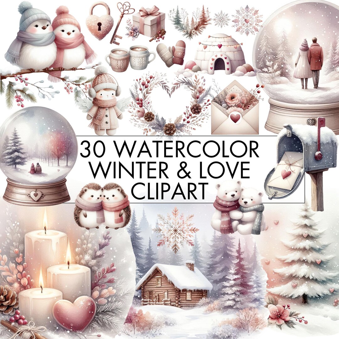 Watercolor Winter and Love Clipart Bundle, Cozy Romantic Winter Clipart ...