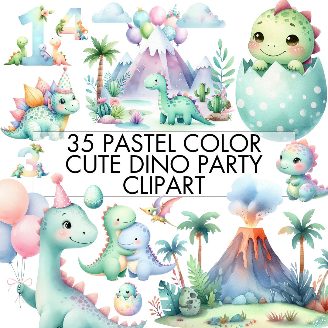 Cute Dinosaur Clipart PNG Bundle, Watercolor Dino Party, Colorful ...
