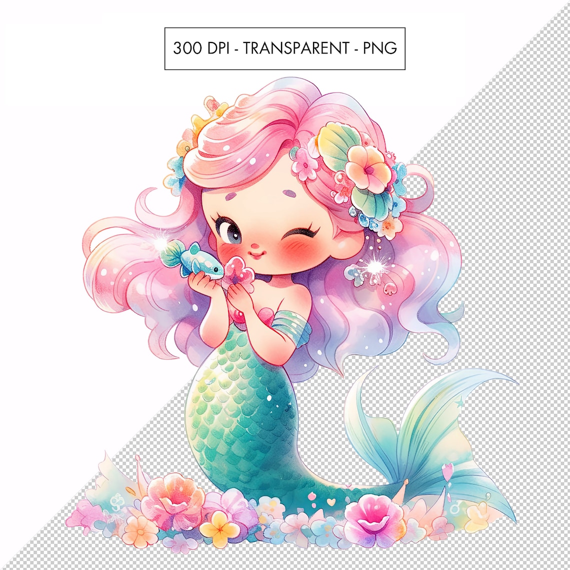 Mermaid Clipart Bundle, Watercolor Cute Mermaid Clipart, Cute Sea ...
