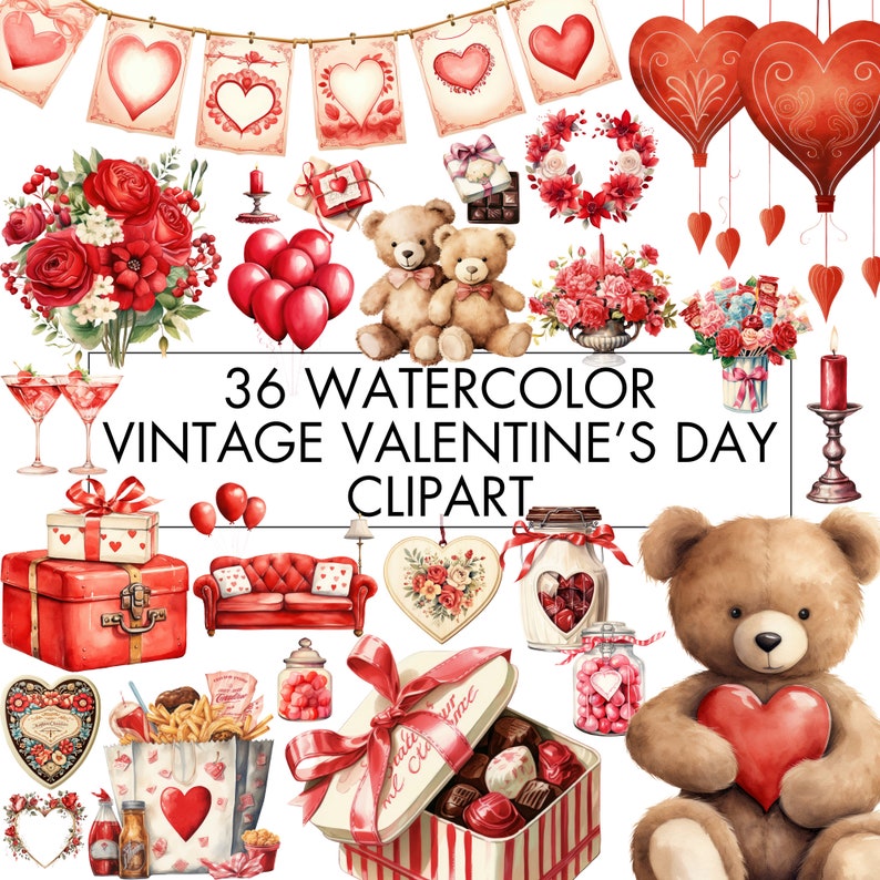 Watercolor Vintage Valentine's Day Clipart Bundle, Vintage Romantic ...