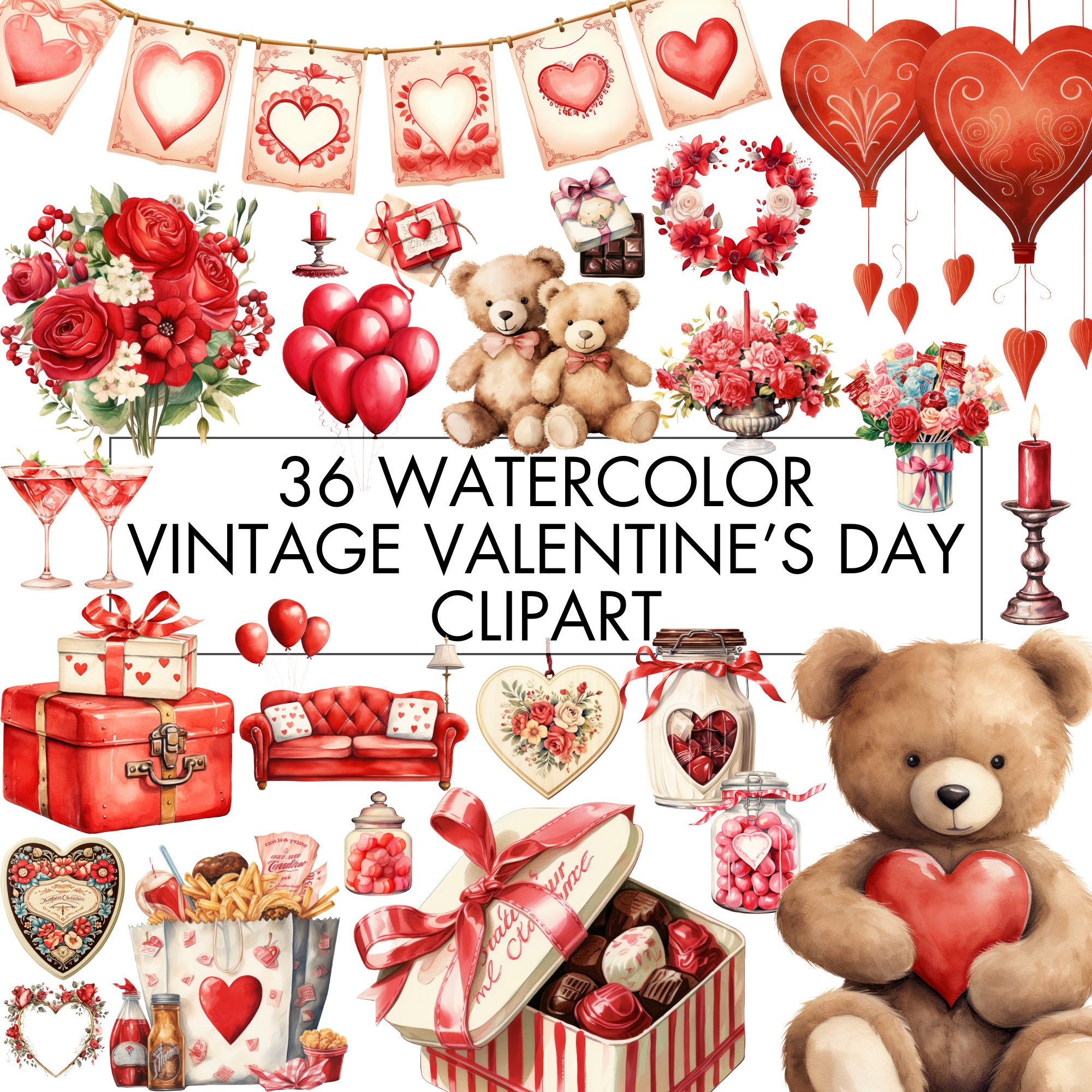 Watercolor Vintage Valentine's Day Clipart Bundle, Vintage Romantic ...