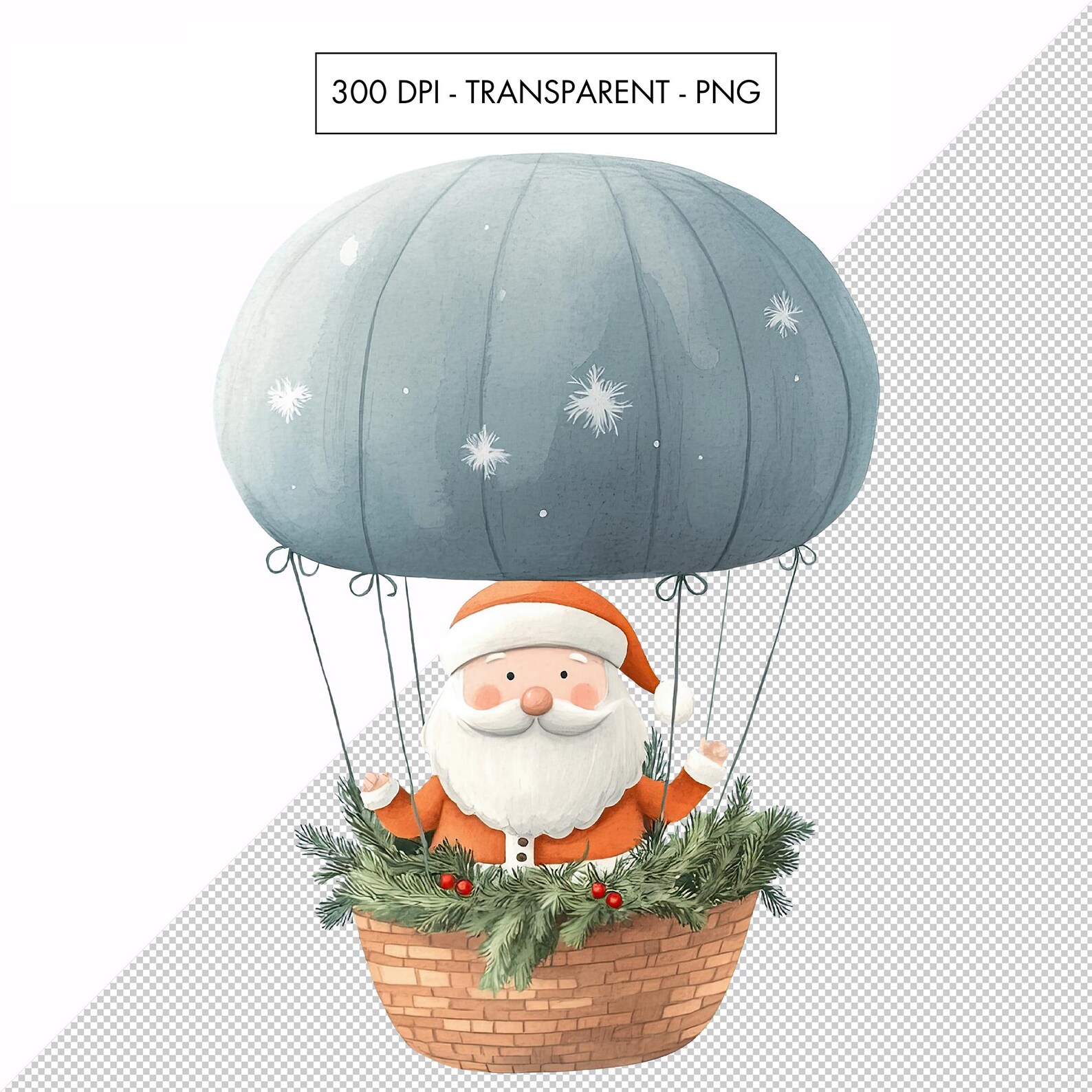 Watercolor Santa Hot Air Balloon Clipart Bundle: 38 PNG Christmas ...