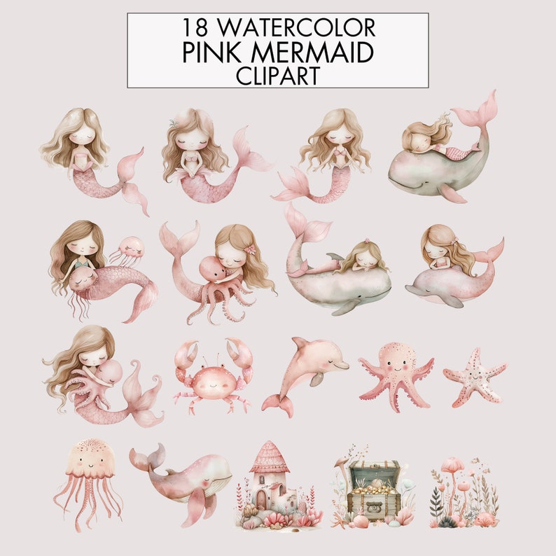 Watercolor Pink Mermaid Clipart Bundle: Sea Creatures (PNG, Commercial ...