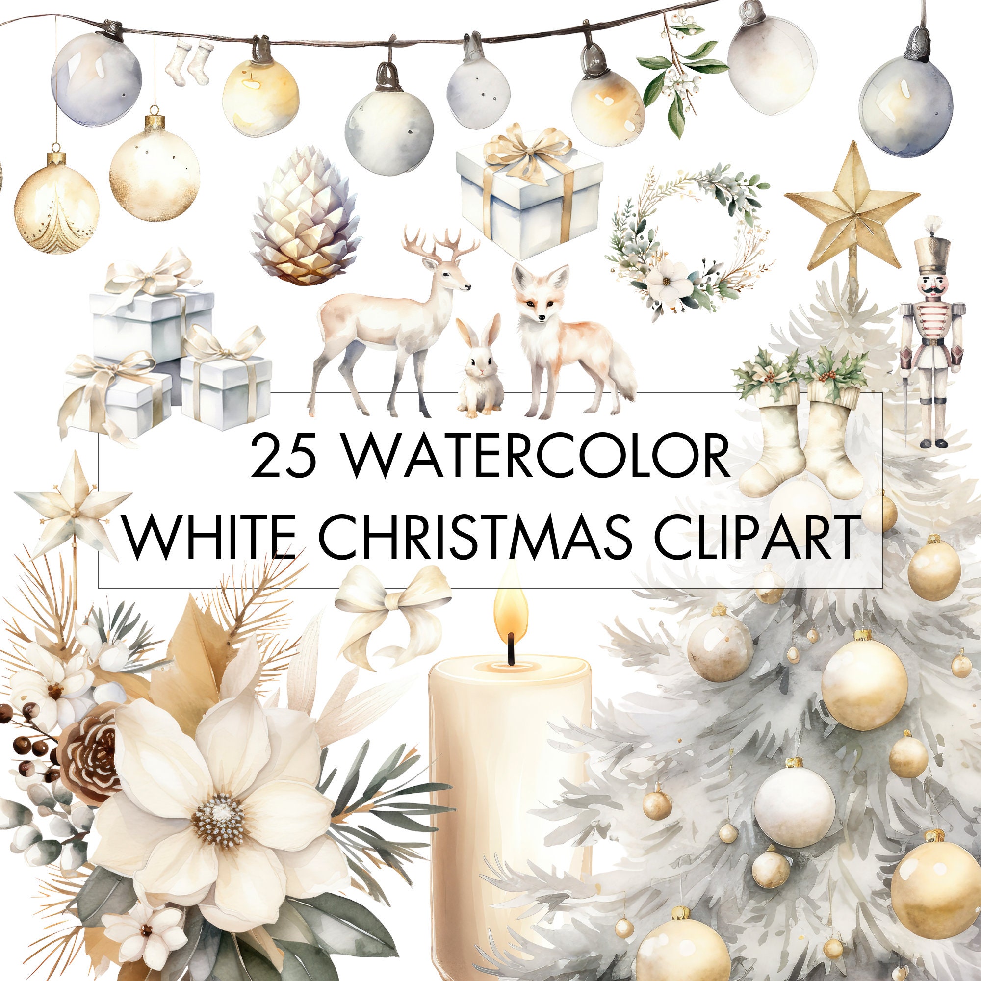 Watercolor White Christmas Clipart Bundle: 25 Cozy Winter Pngs ...
