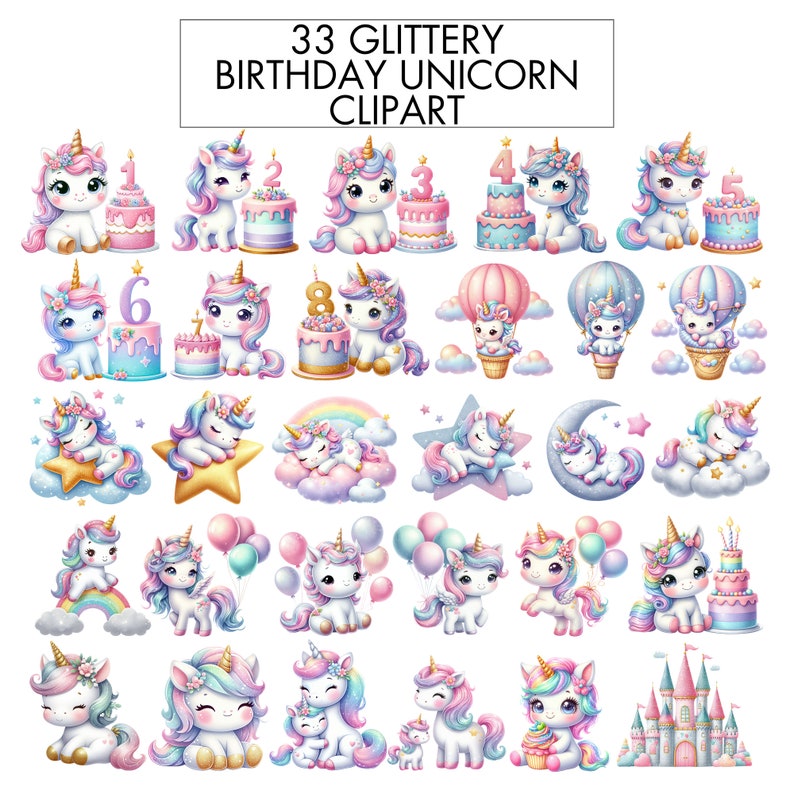 Glittery Birthday Unicorn Clipart Bundle, Birthday Unicorn PNG, Cute ...