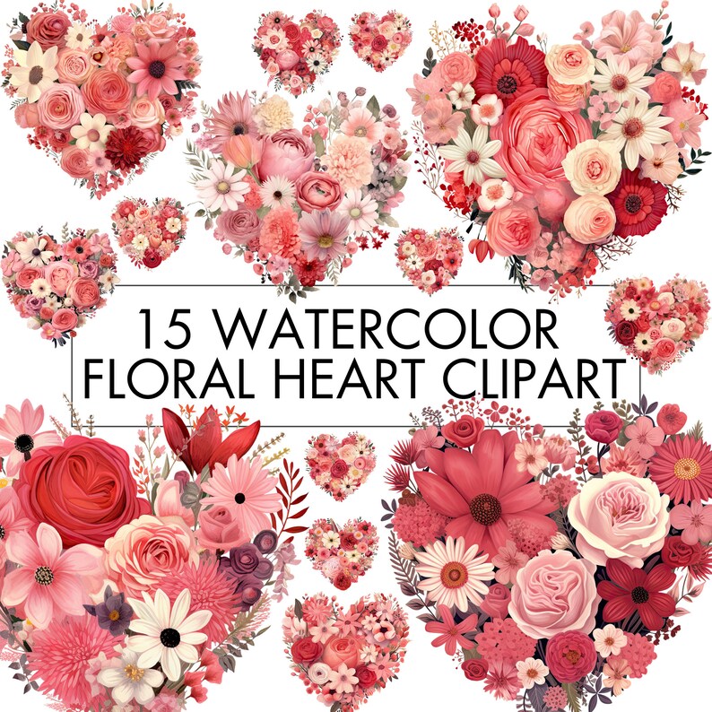 Blooming Love Floral Heart Clipart Bundle, Watercolor Flower Heart for ...