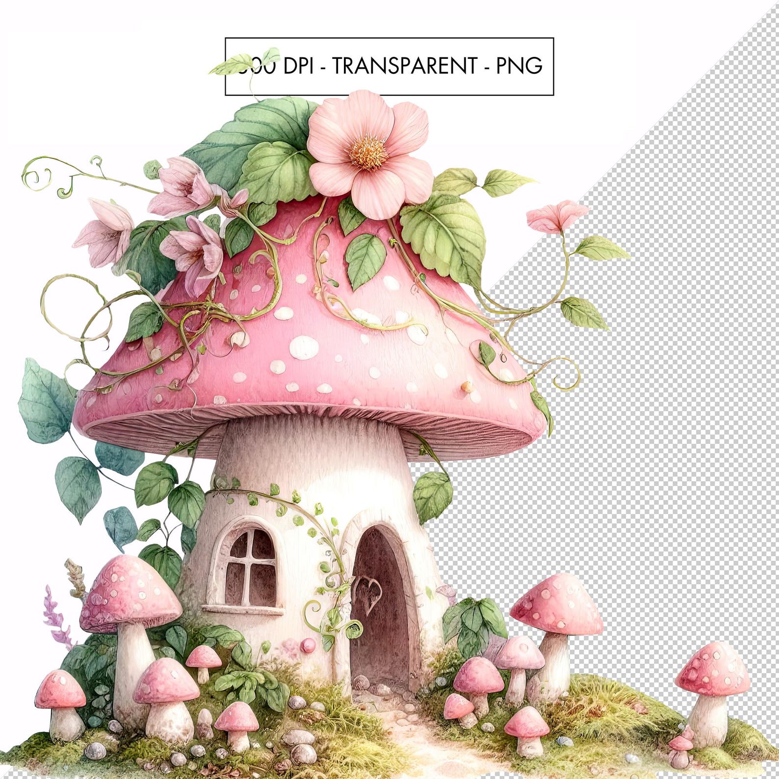 Watercolor Pink Fairy Mushroom House Clipart: PNG Bundle (digital ...