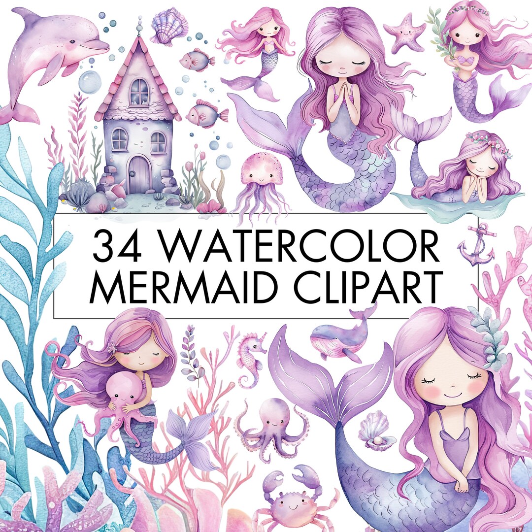 Watercolor Cute Mermaid Clipart Bundle, Underwater Sea Animals Clipart ...